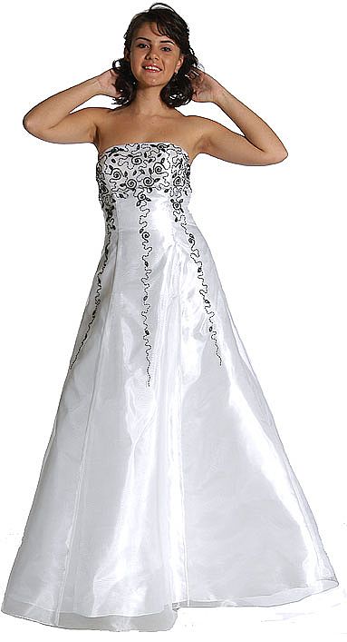 Tube Top Black Beadwork on White Formal Prom Dress c26719
