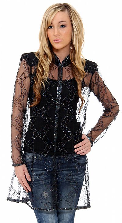 Long Beaded and Netted See-Through Jacket kd27